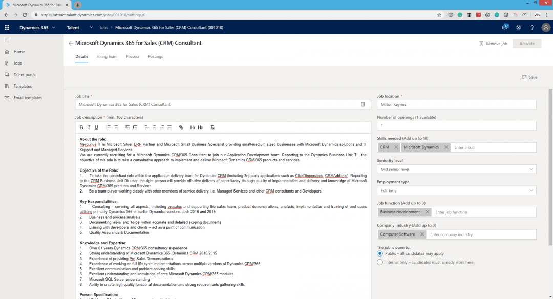 How to: Creating a job listing in Microsoft Dynamics 365 for Talent